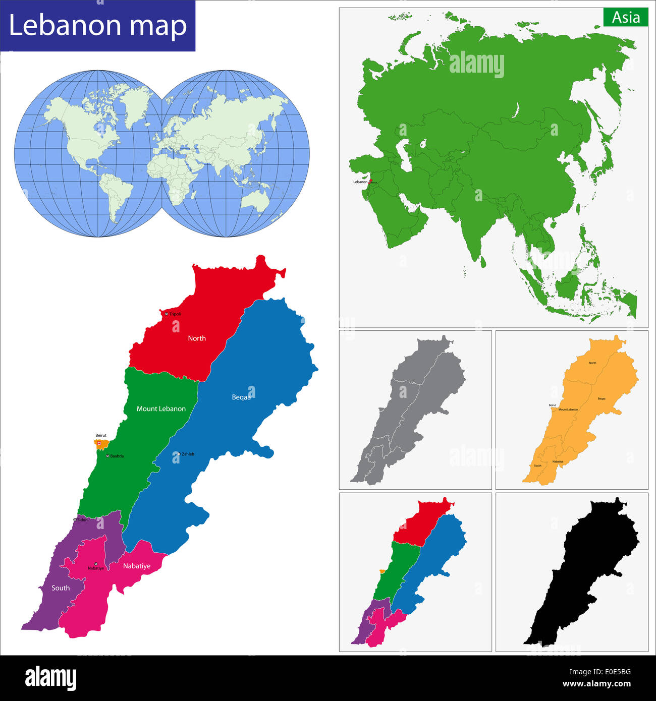 Lebanon map designed in illustration with regions colored in bright ...