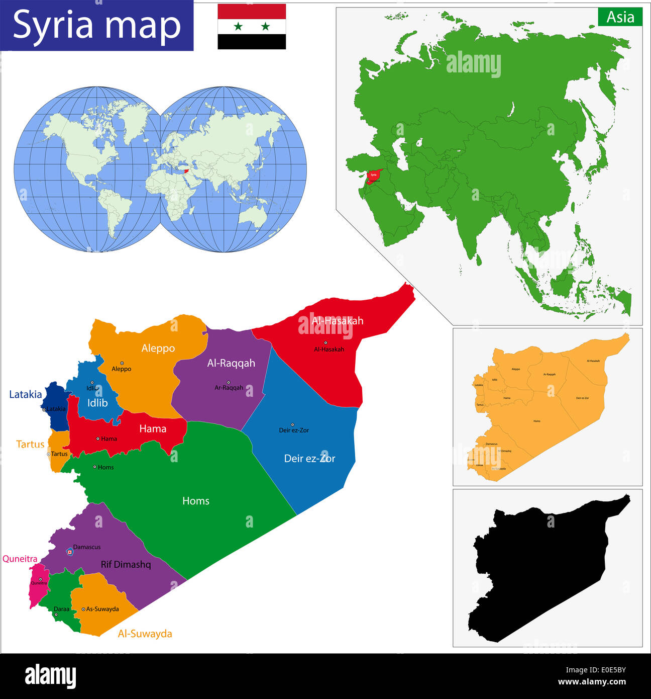 Syria map designed in illustration with regions colored in bright ...