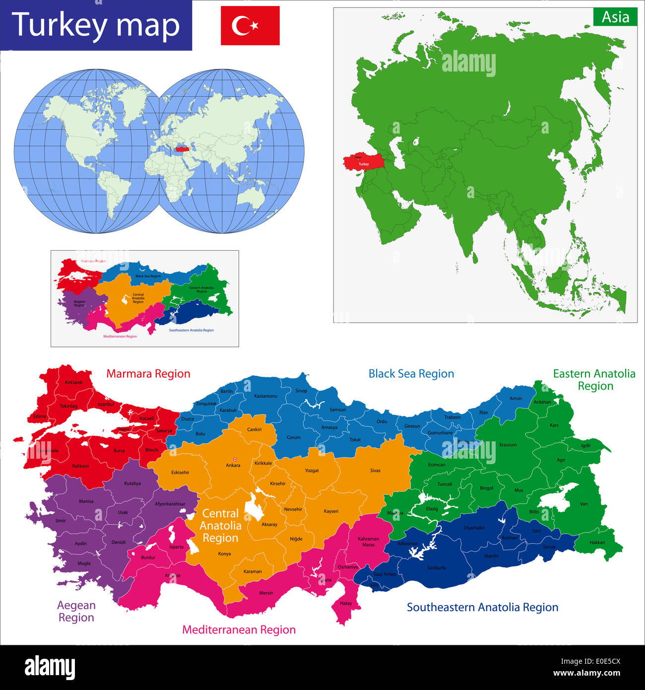 Turkey map designed in illustration with regions colored in bright ...