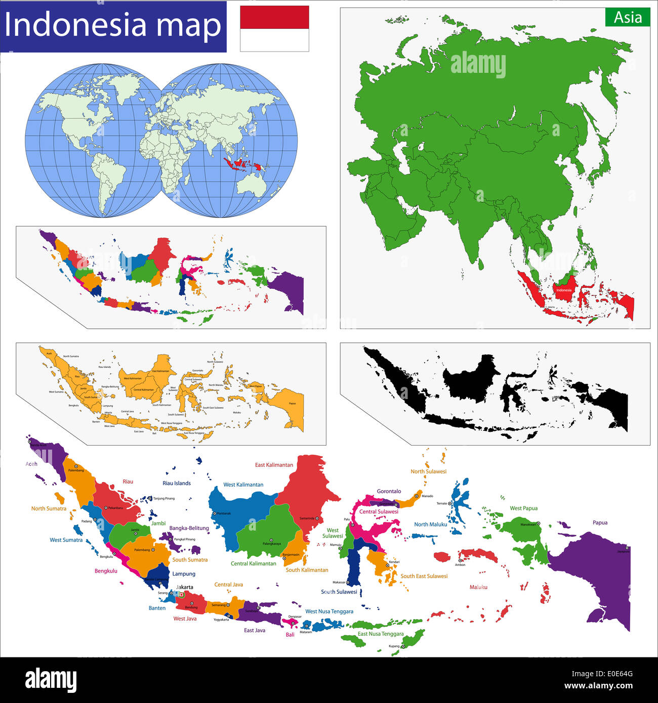 Map of the Republic of Indonesia with the provinces colored in bright ...
