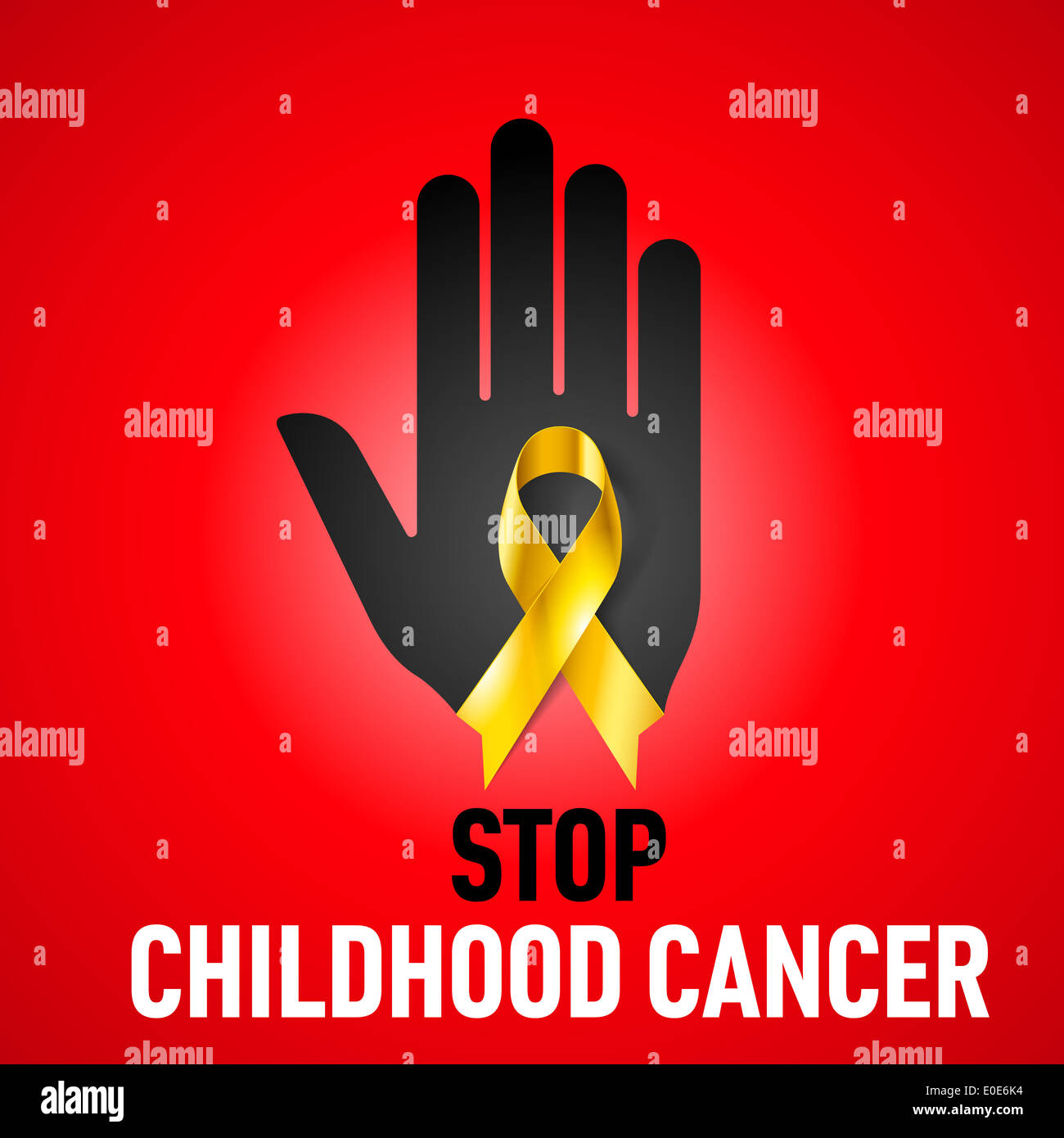 Stop Childhood Cancer sign. Black hand with yellow ribbon on red ...