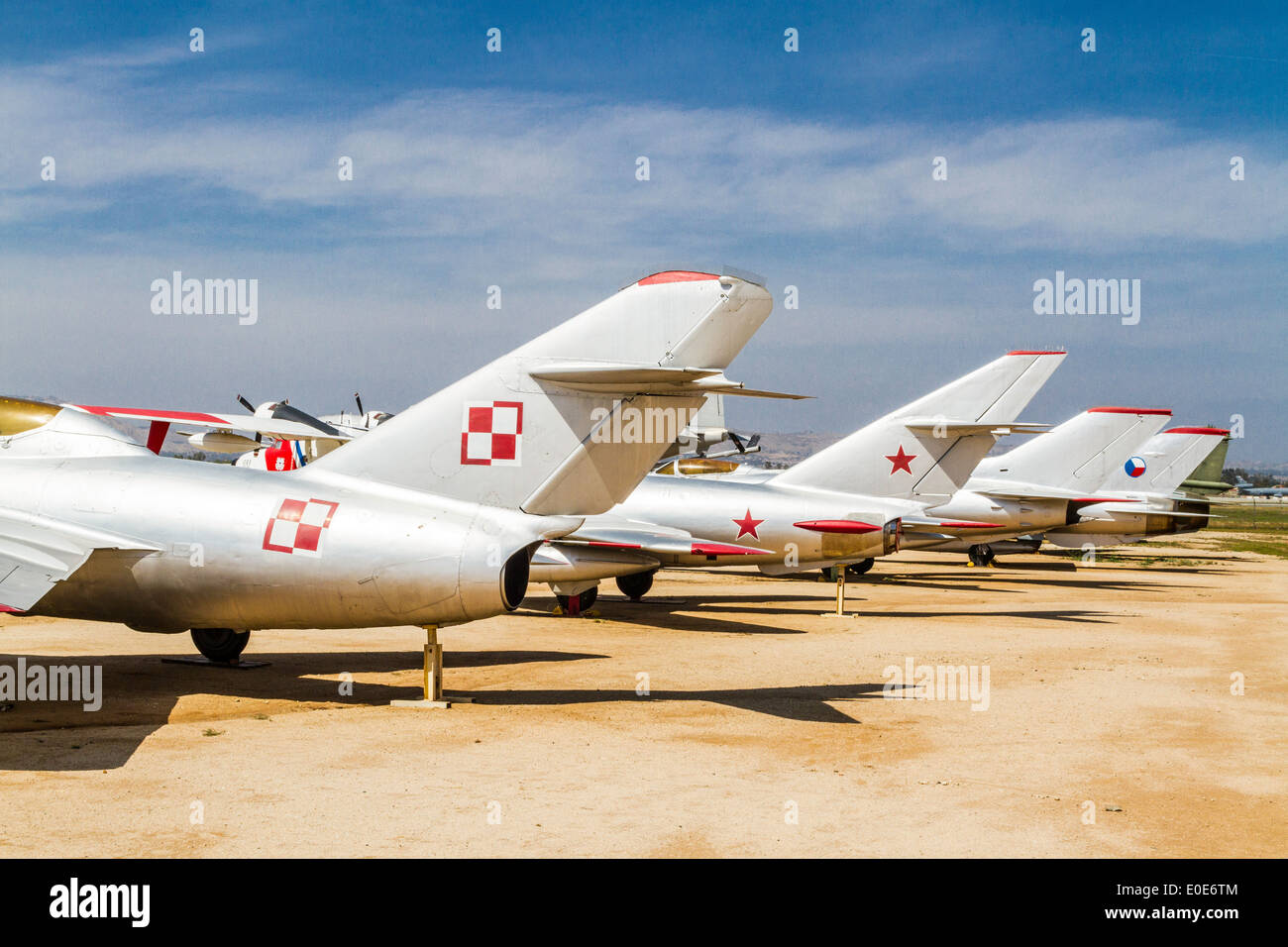 A row of Russian Mig Aircraft at the March Field Air Museum in ...