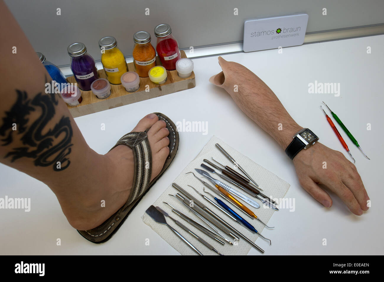 Dresden, Germany. 09th May, 2014. A prosthetic leg with a tattoo and a ...