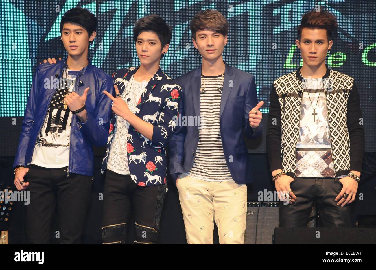 Taipei. 11th May, 2014. Singers Dino, Bii, Tan Say Aun and Ian pose for ...