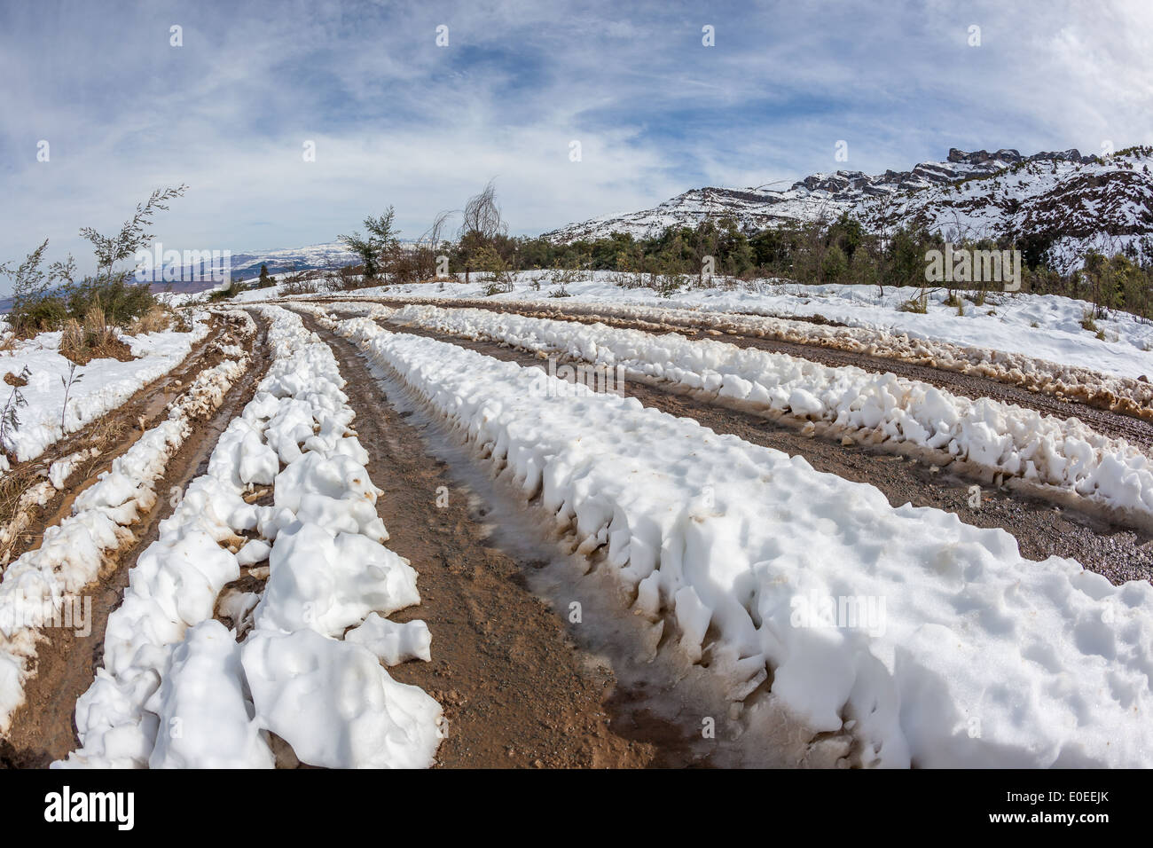 Winter snow mountain landscape dirt road with tire four wheel detailed ...
