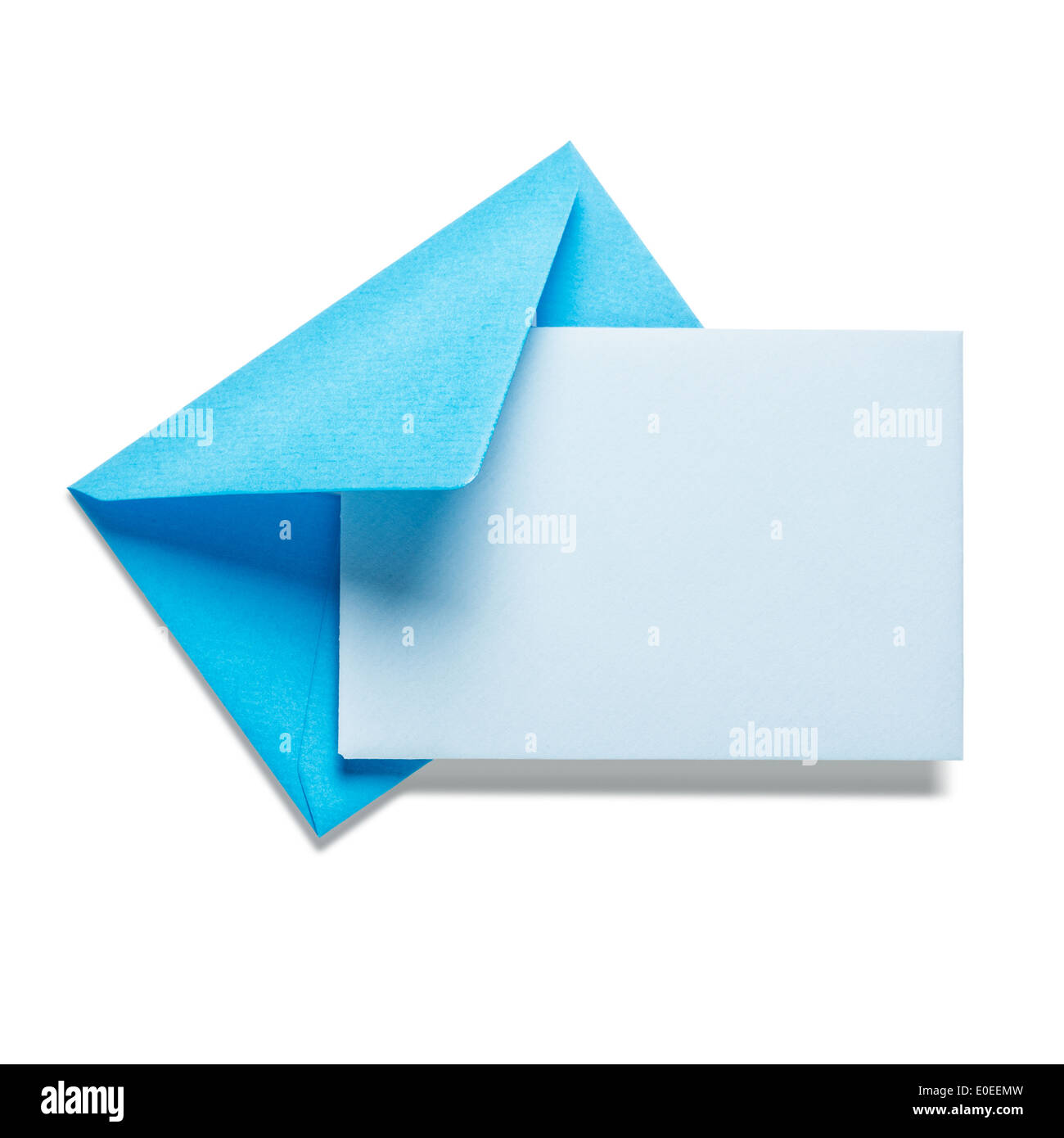 Blue envelope with card on white background, clipping path included ...