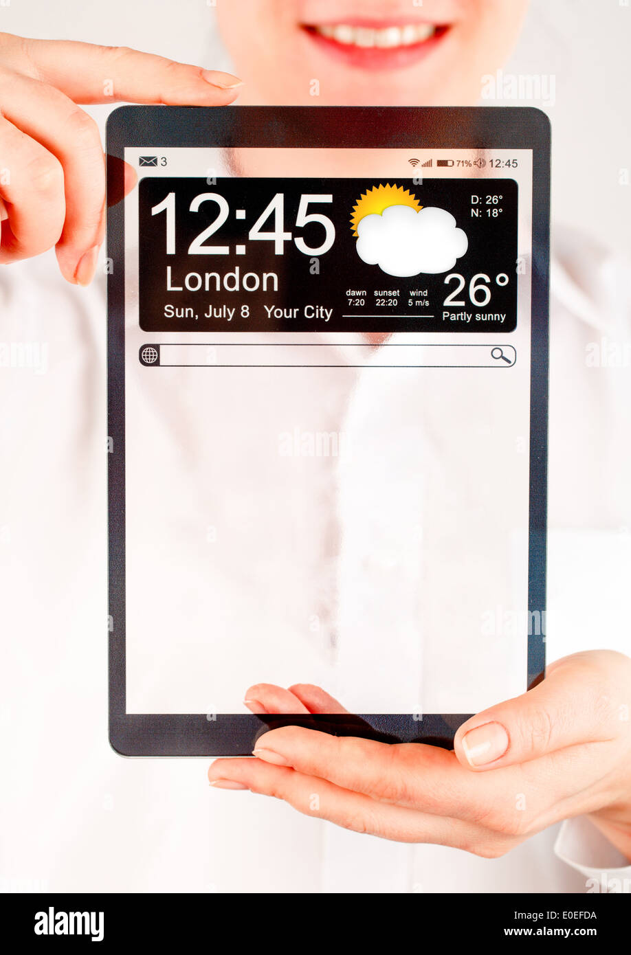 Tablet with a transparent display in human hands. Concept actual future ...