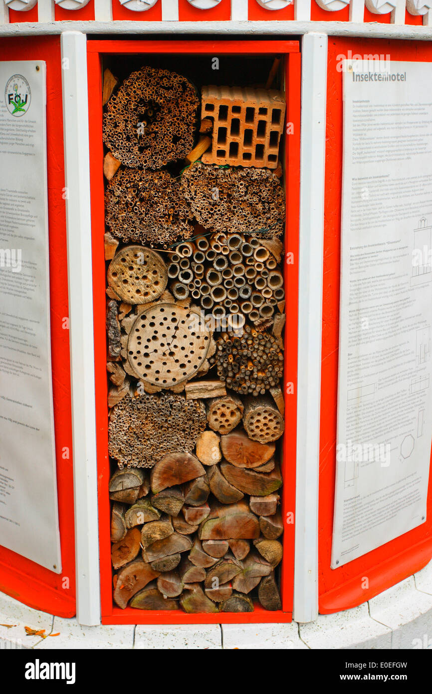 A nesting box for various species of bee and wasp set up in a German ...