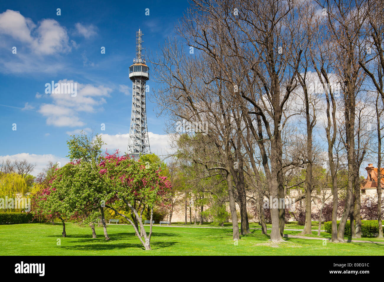 Lookout tower on the Petrin Hill in flowering spring park Stock Photo ...