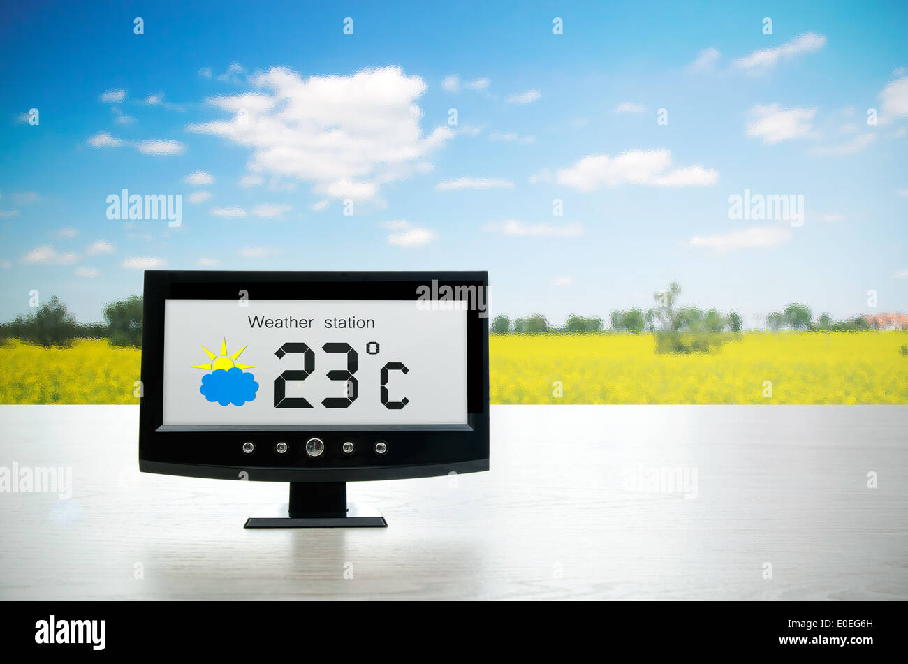 Weather station device with weather conditions outside background Stock ...