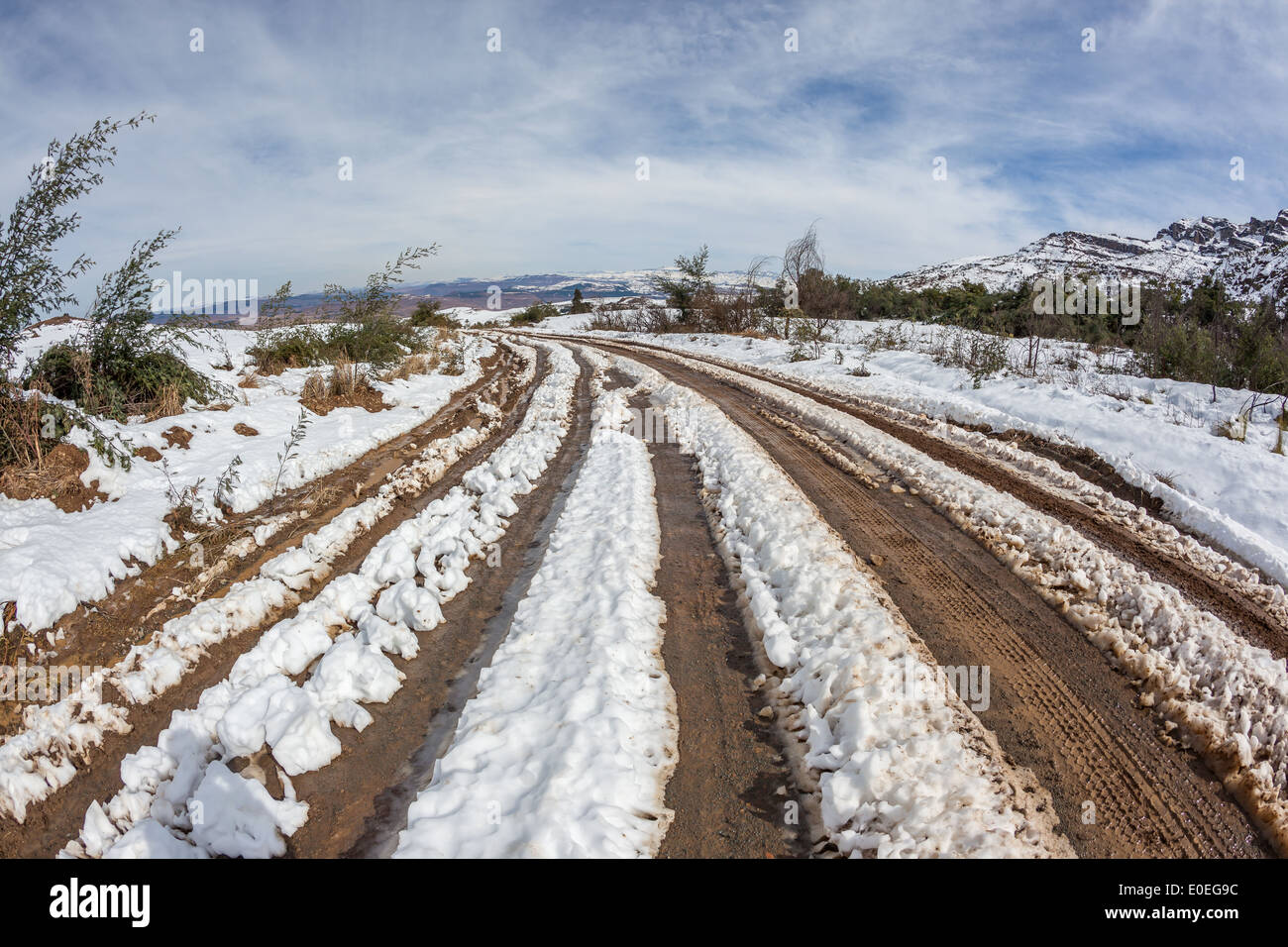 Winter snow mountain landscape dirt road with tire four wheel detailed ...