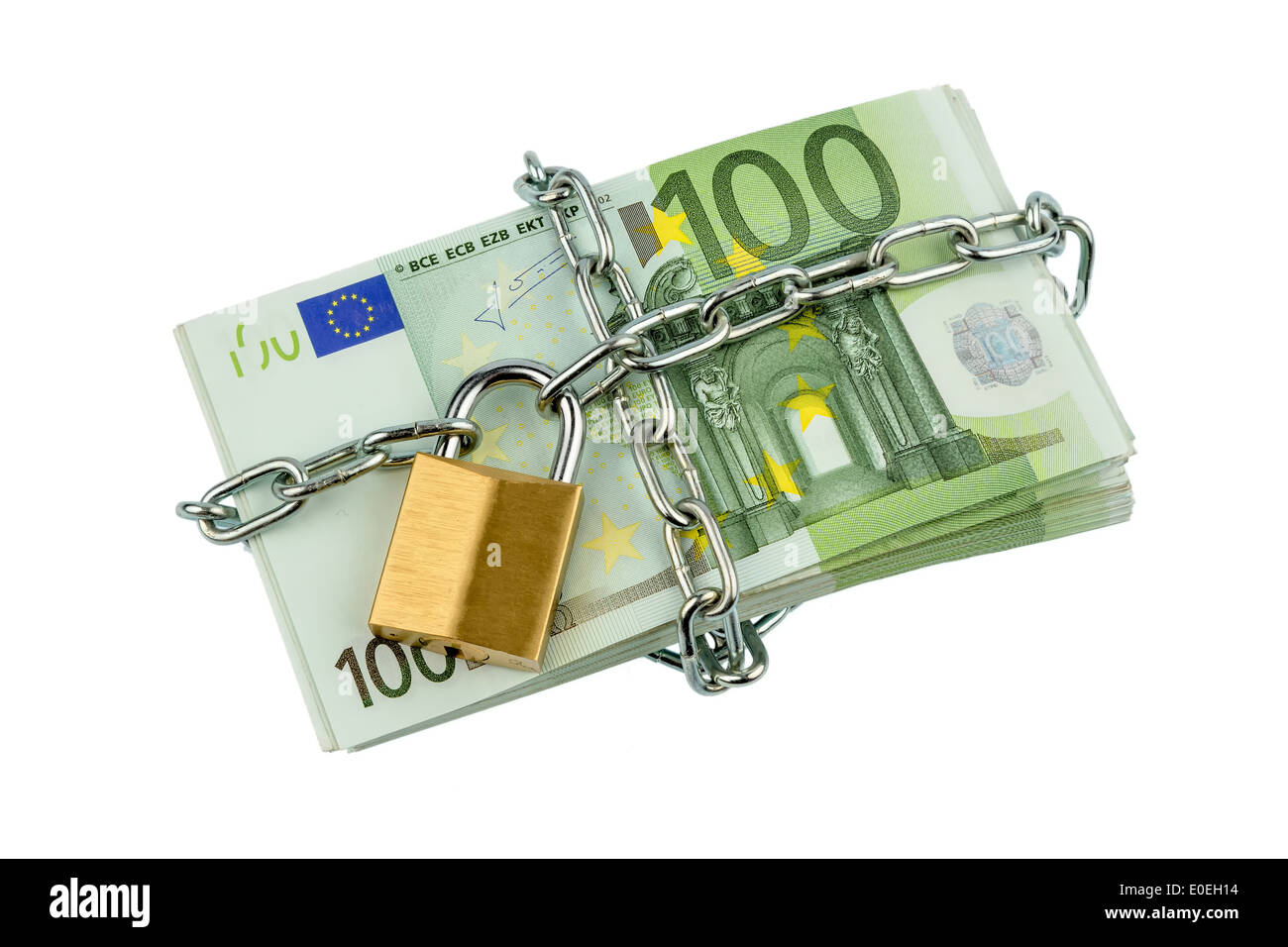Euro-bank notes with chain and padlock. Symbolic photo for security and ...