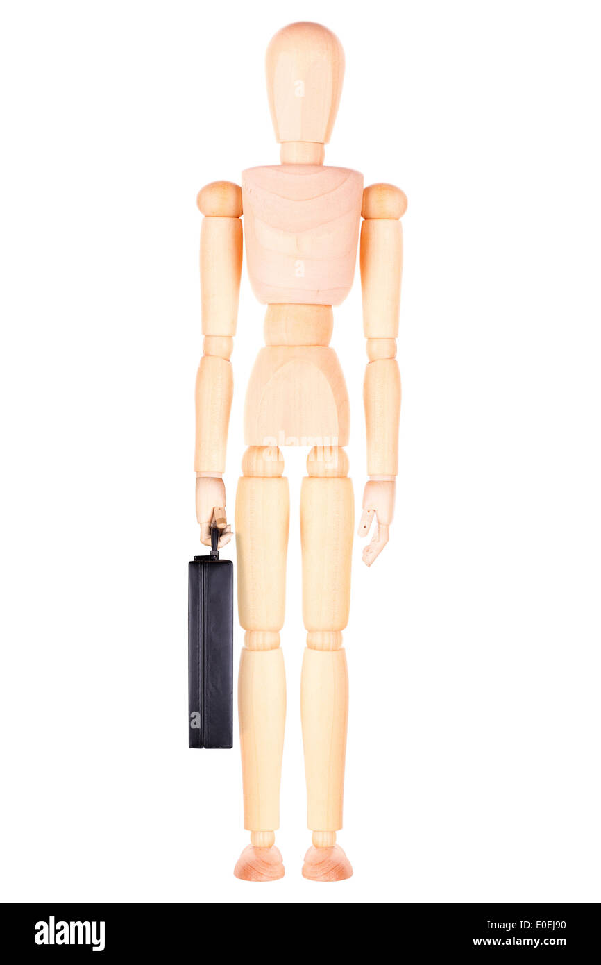 wooden Dummy businessman holding a case Isolated Stock Photo - Alamy
