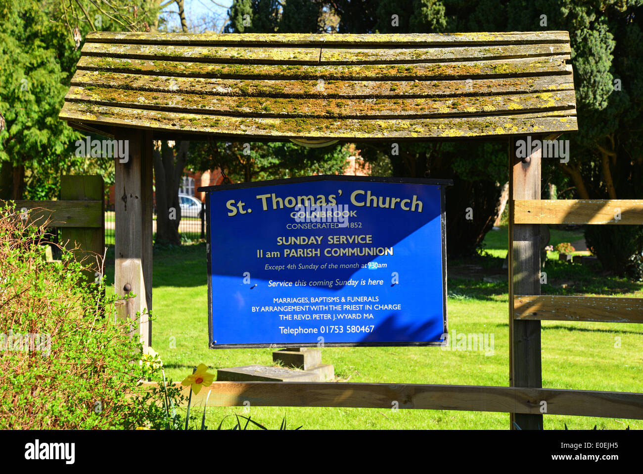 Sign at St Thomas' Church, Vicarage Road, Colnbrook, Berkshire, England ...