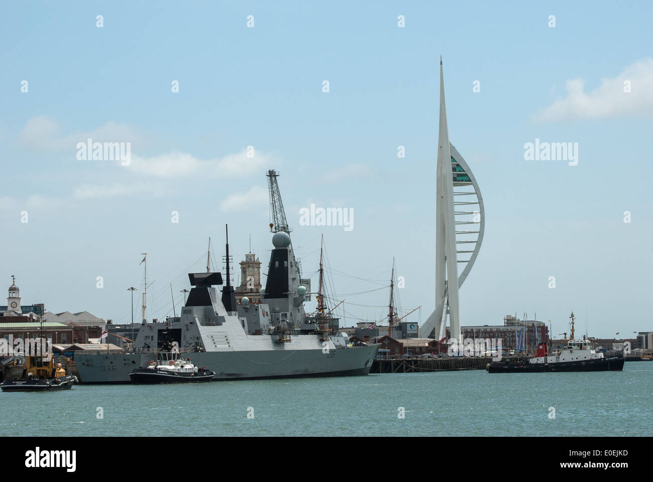 HMS Defender at the Royal Navy base at Portsmouth Harbour, England ...