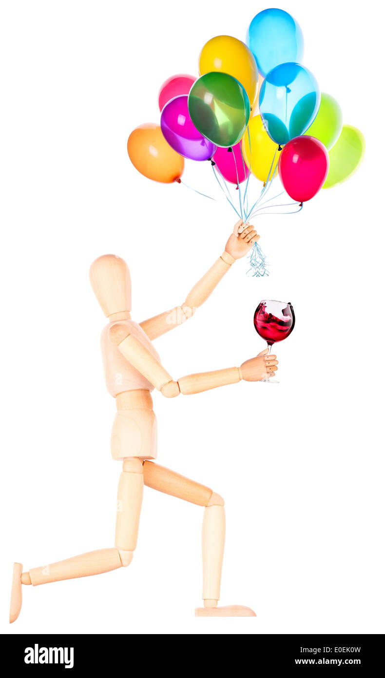 wooden Dummy with wine and balloons Isolated Over White Background ...