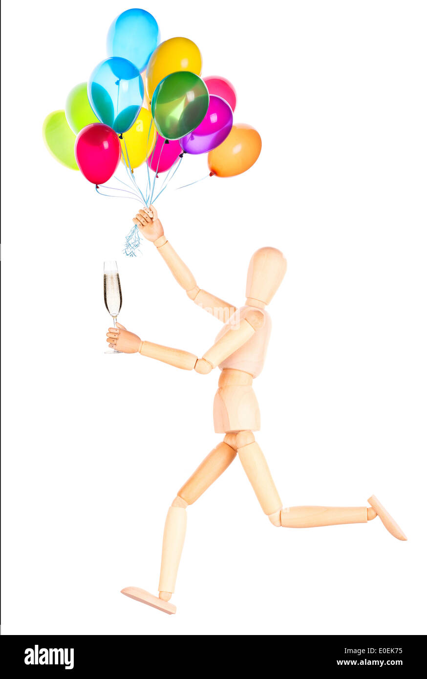 wooden Dummy with champagne holding balloons Isolated Over White ...