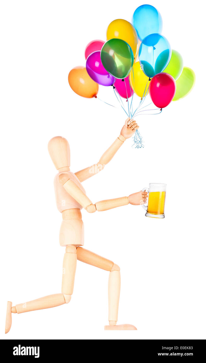 wooden Dummy with beer and balloons Isolated Over White Background ...