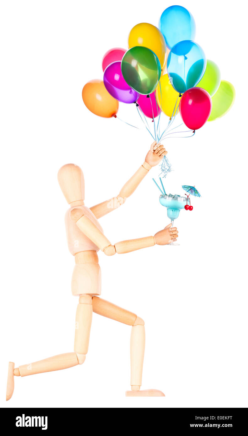 wooden Dummy with alcohol cocktail and balloons solated Over White ...