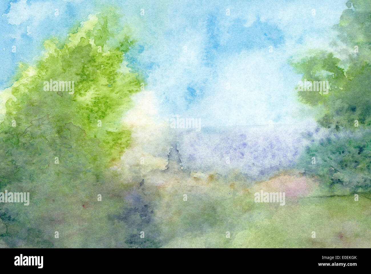 Landscape summer haze watercolor painting. Hazy and atmospheric summer ...
