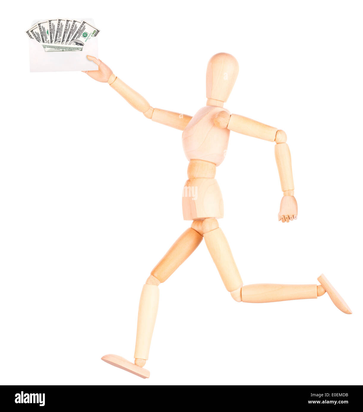 wooden Dummy with envelope full of money Isolated on a white backgrond ...