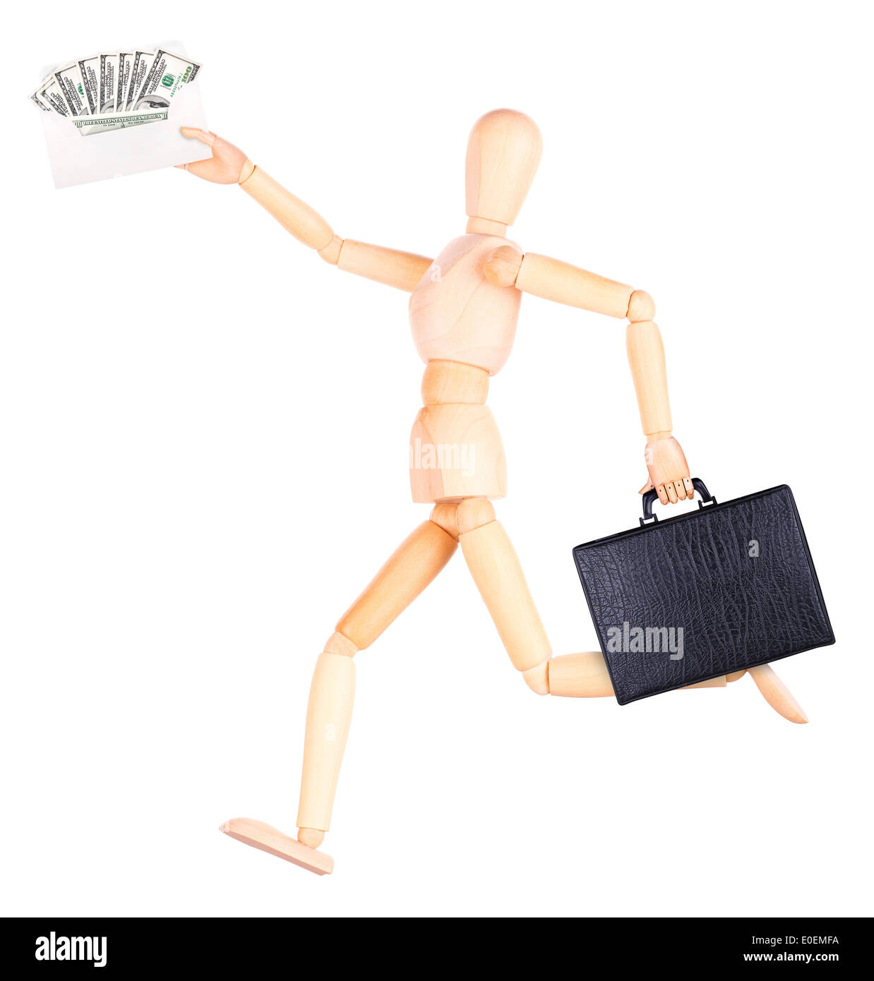 wooden Dummy with case and envelope full of money Isolated on a white ...