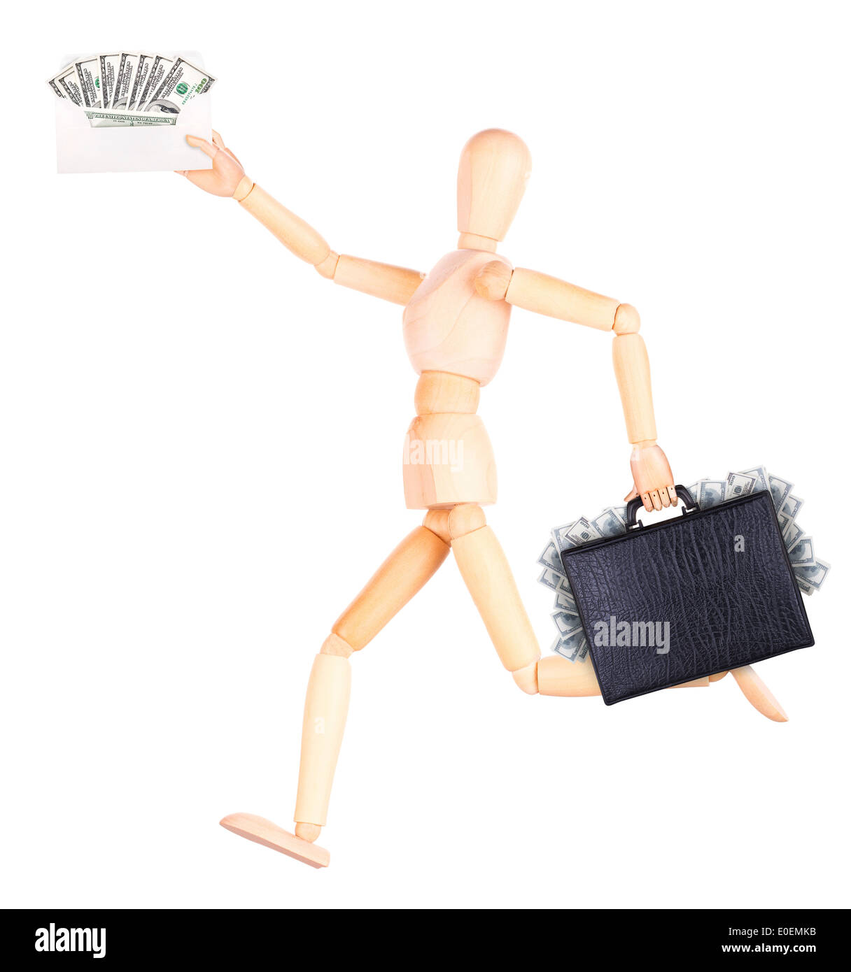 wooden Dummy with case and envelope full of money Isolated on a white ...
