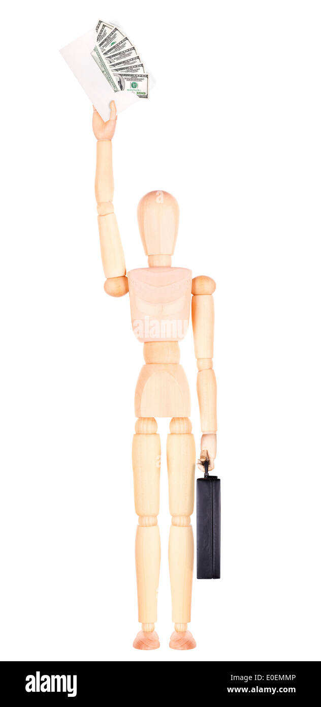wooden Dummy with case and envelope full of money Isolated on a white ...