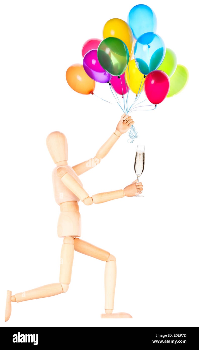 wooden Dummy with champagne holding balloons Isolated Over White ...
