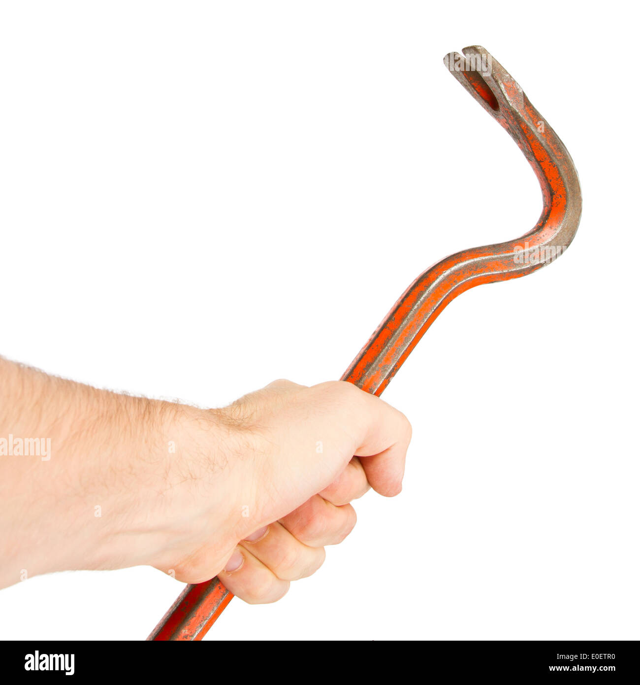Hand holding old red crowbar on a white background Stock Photo - Alamy