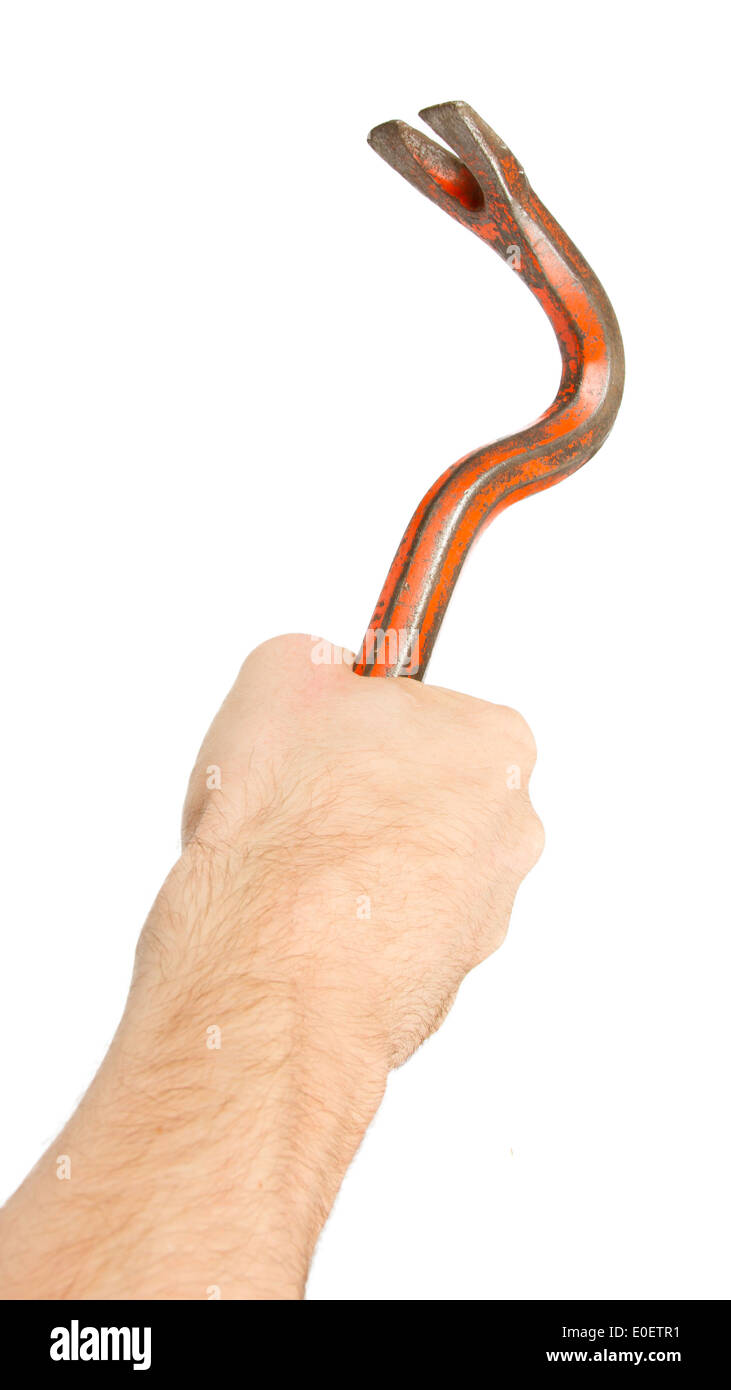 Hand holding old red crowbar on a white background Stock Photo - Alamy
