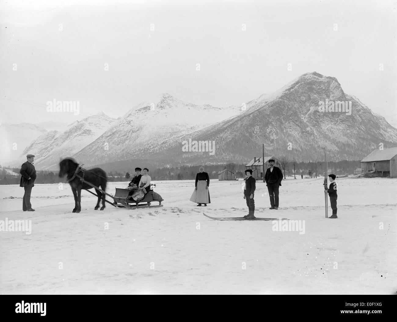 A historic photograph from around 1890-1910 showing winter activities ...