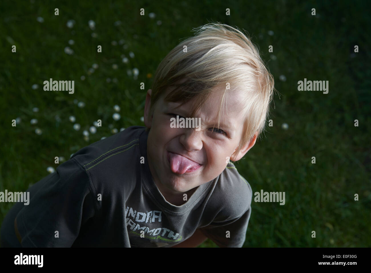 Silly young child blond boy gruesomely grimacing for camera Stock Photo ...