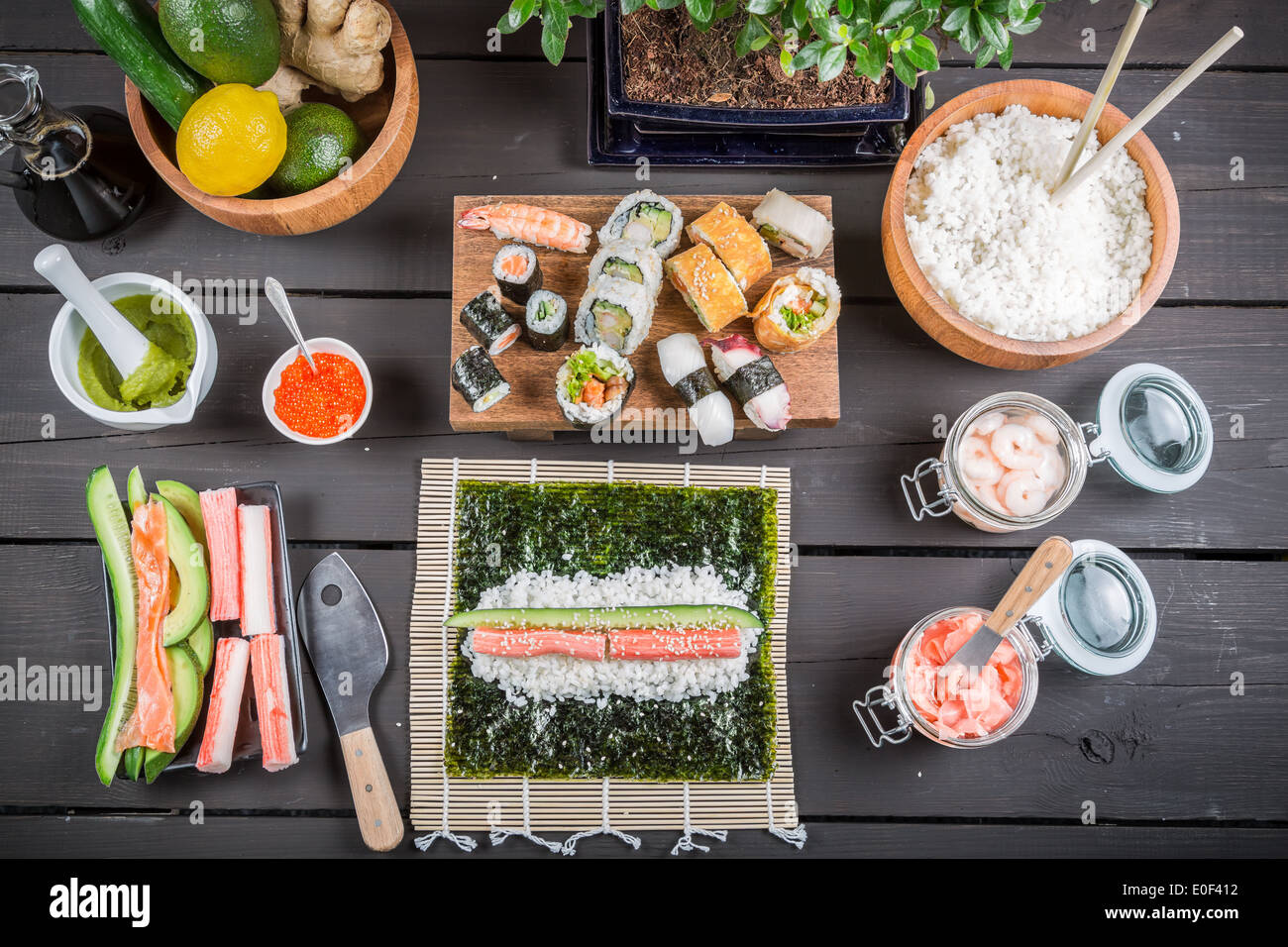 Table with ingredients for sushi Stock Photo - Alamy