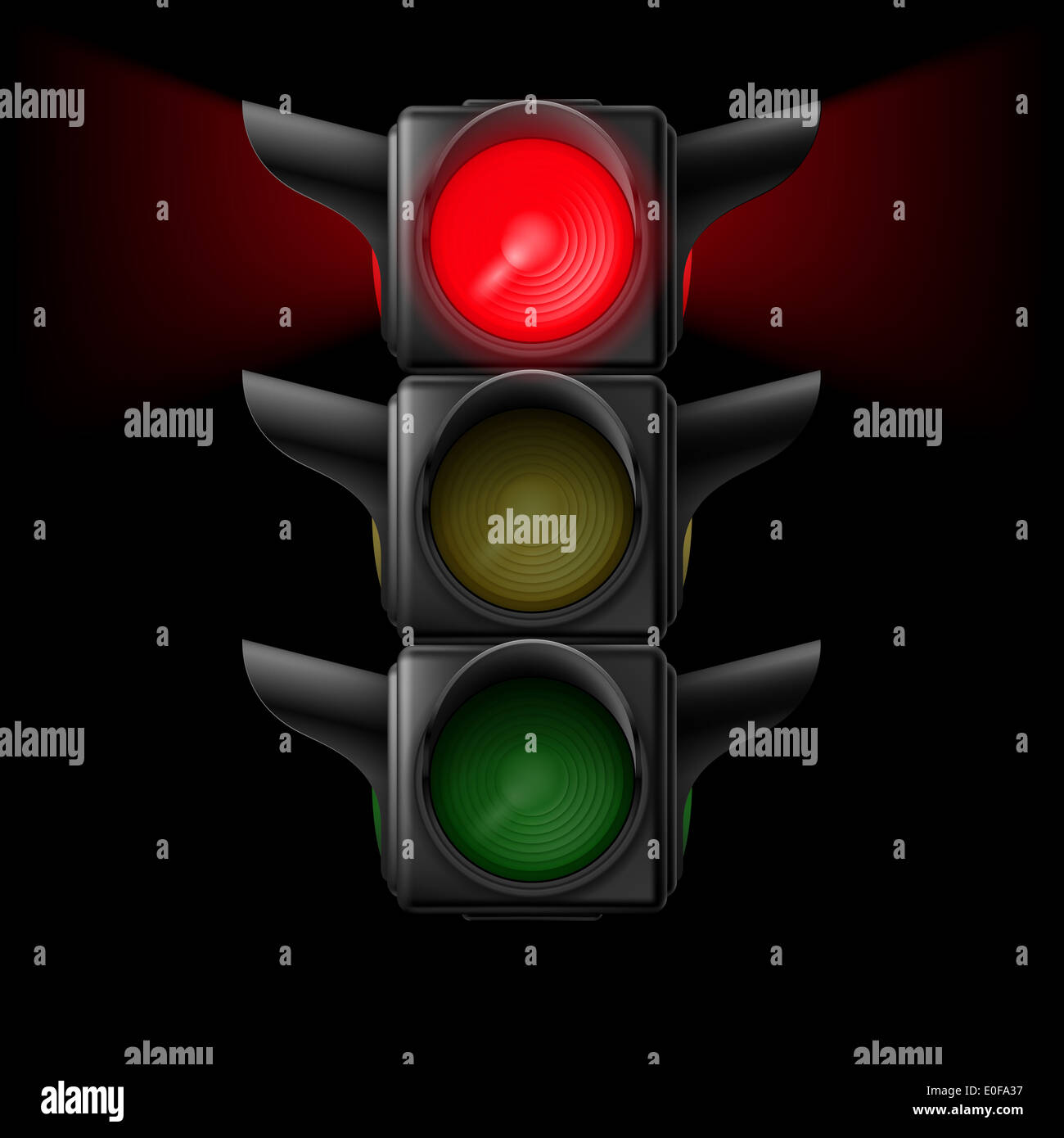 Realistic traffic lights with red lamp on. Illustration on black ...