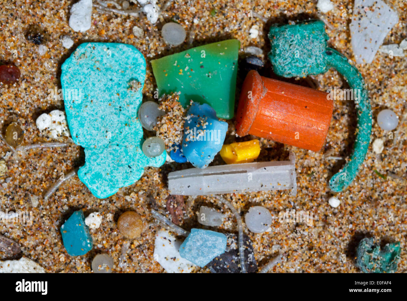 Plastic soup, small pieces of plastic, washed ashore on a beach of the ...