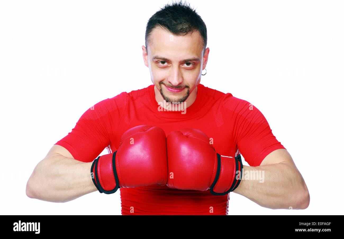Portrait of a boxer with his gloves together over white background ...