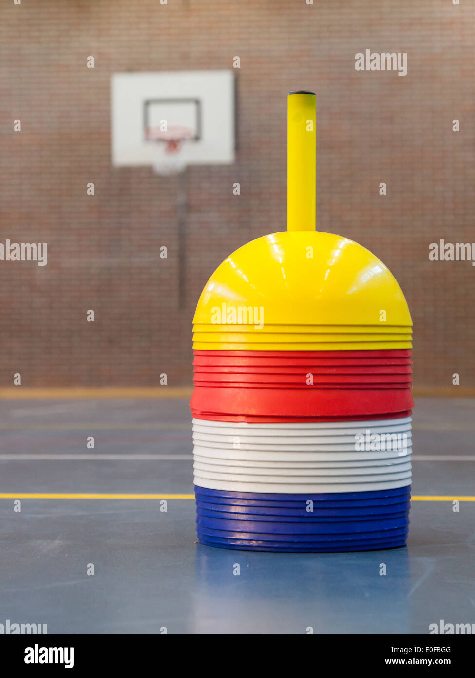 Interior of a gym at school, different colors of cones Stock Photo - Alamy