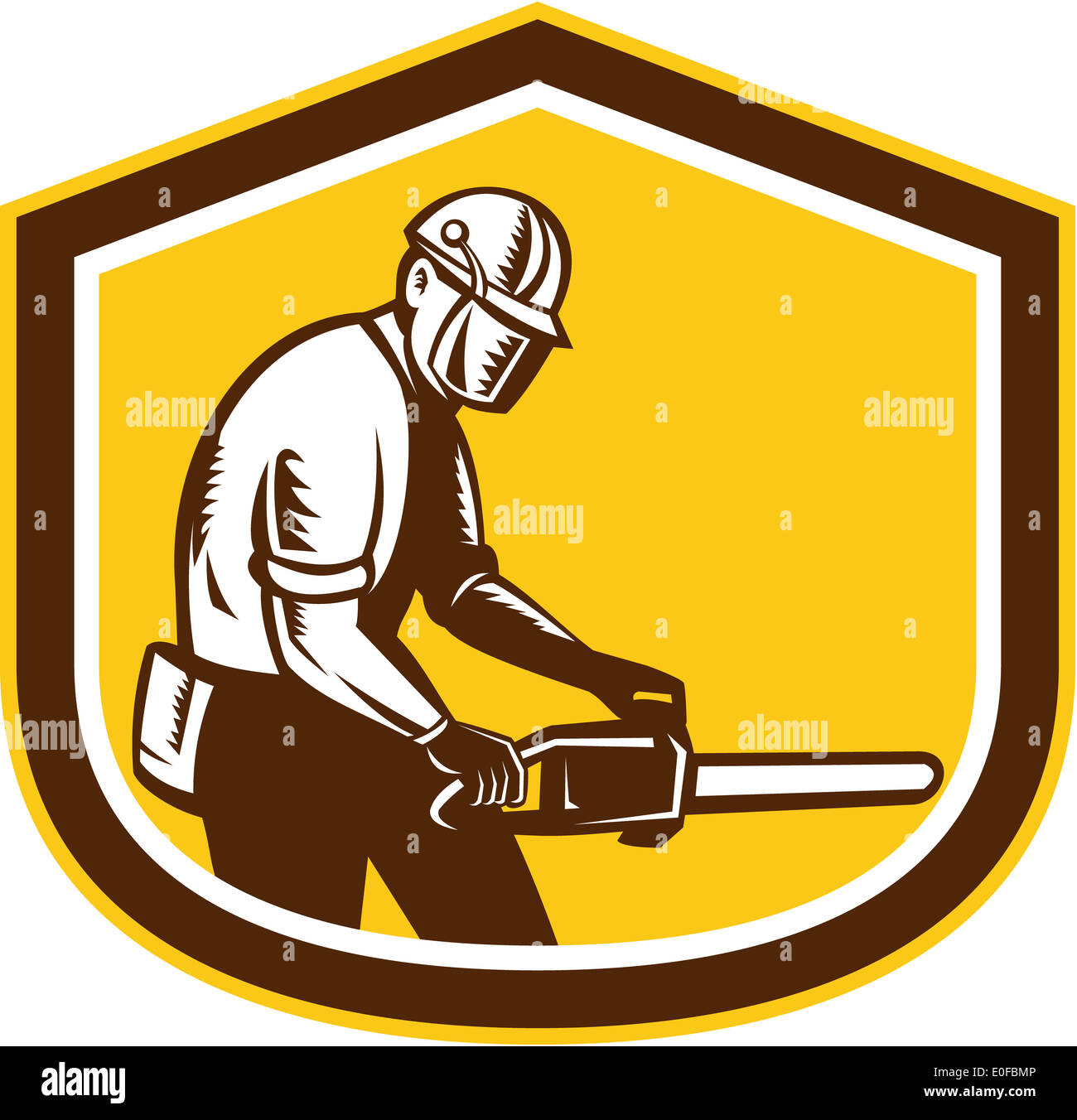 Illustration of lumberjack arborist tree surgeon operating a chainsaw ...