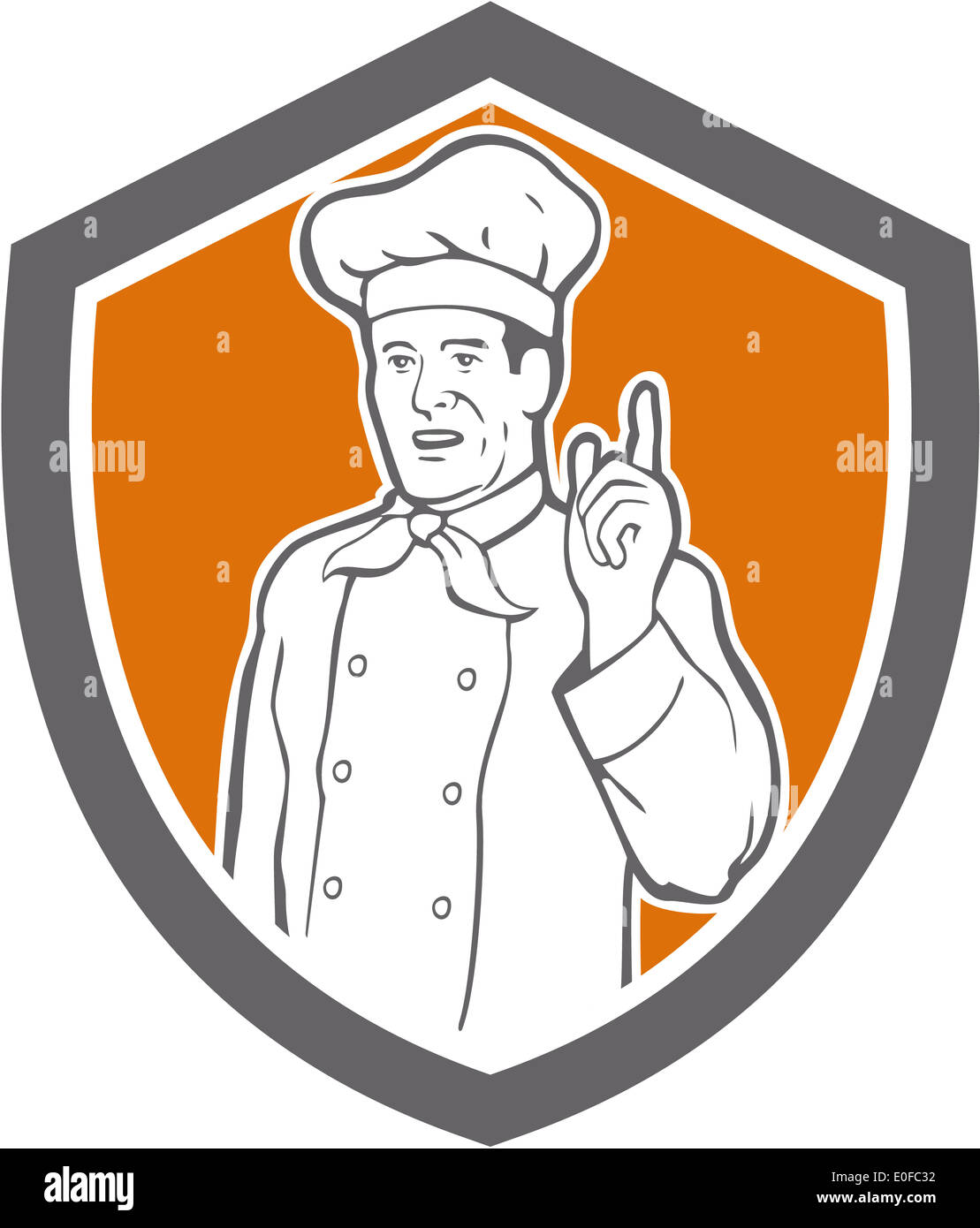 illustration of a chef, cook or baker with hand pointing up viewed from ...