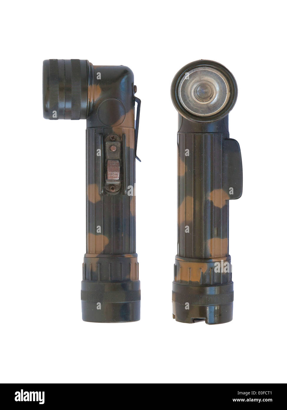 Used green military flash light on white background, front and side ...