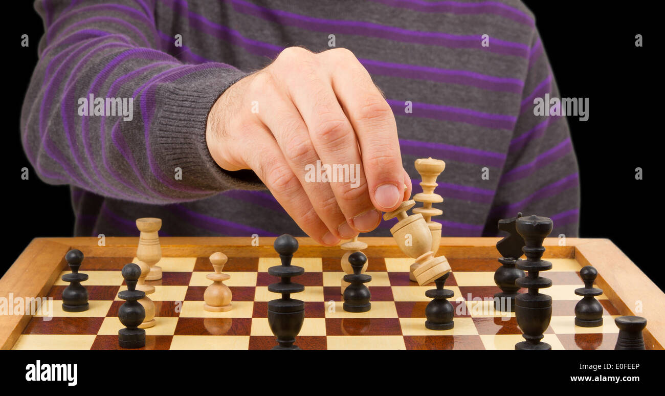 Chessboard with man thinking about chess strategy, isolated on white ...