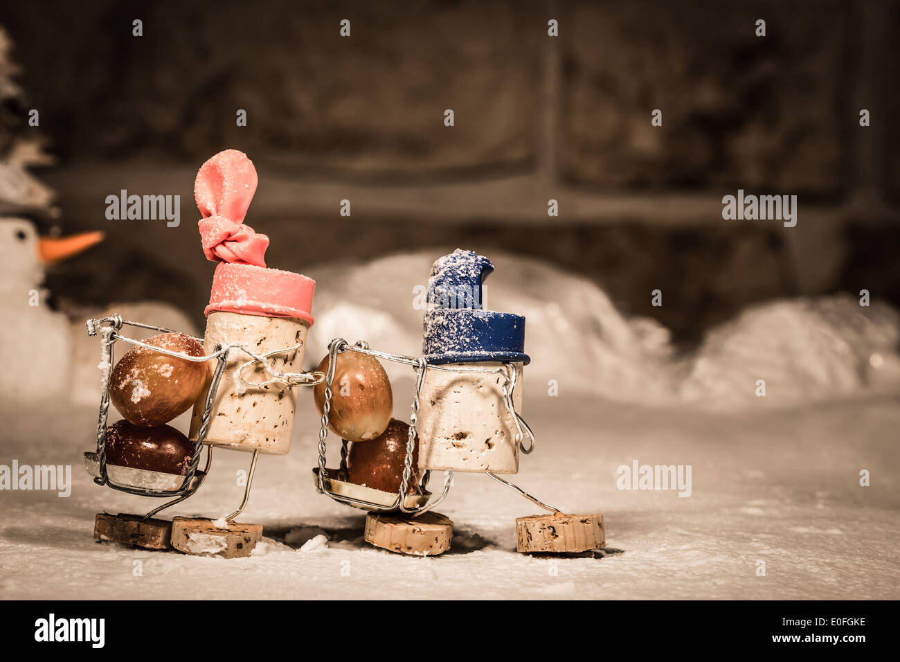 Concept two men harvesting grapes, wine cork figures Stock Photo - Alamy