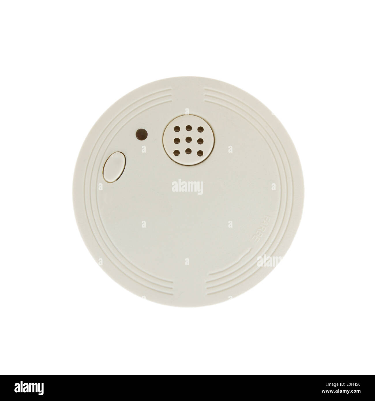 Small round battery operated device to warn residents of fire, isolated ...