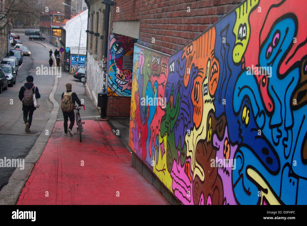Europe; Norway; Oslo; Winter; Graffiti; Street; Person; Boys; Walk; Art ...
