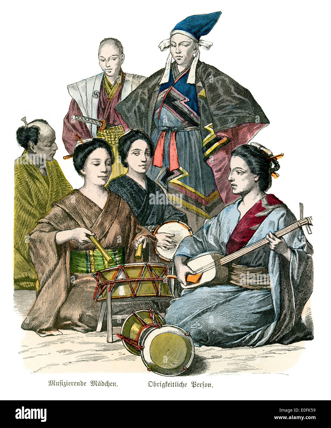 Traditional costumes of Japan, 19th Century. Musical Girls and Person ...