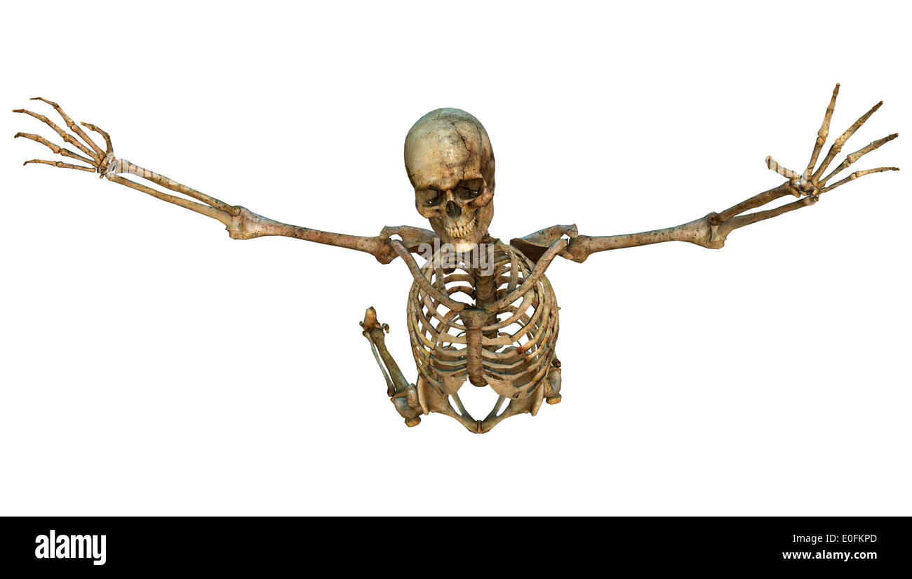 3D digital render of an old flying human skeleton isolated on white ...