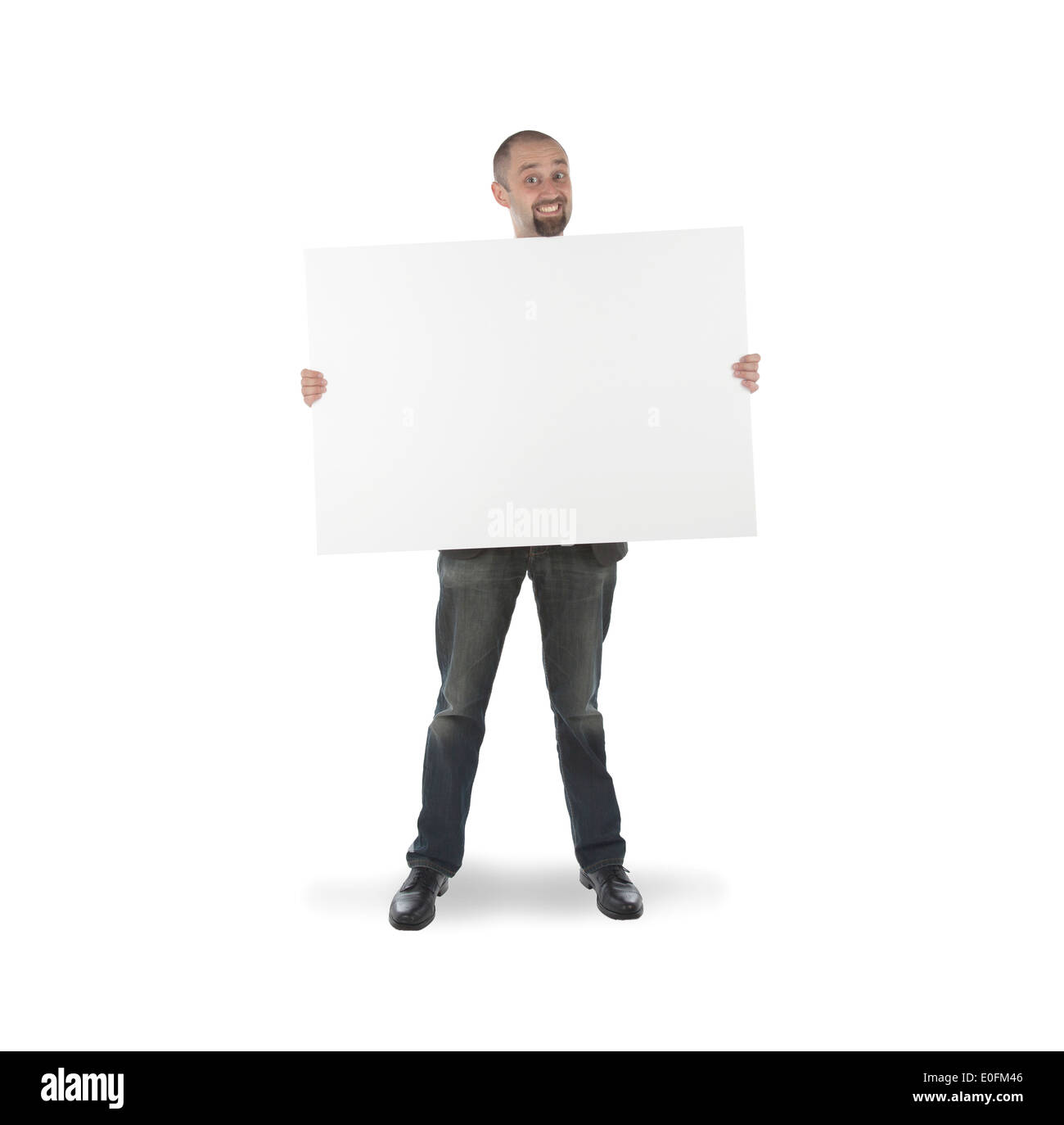 Businessman holding a big card, isolated on white Stock Photo - Alamy