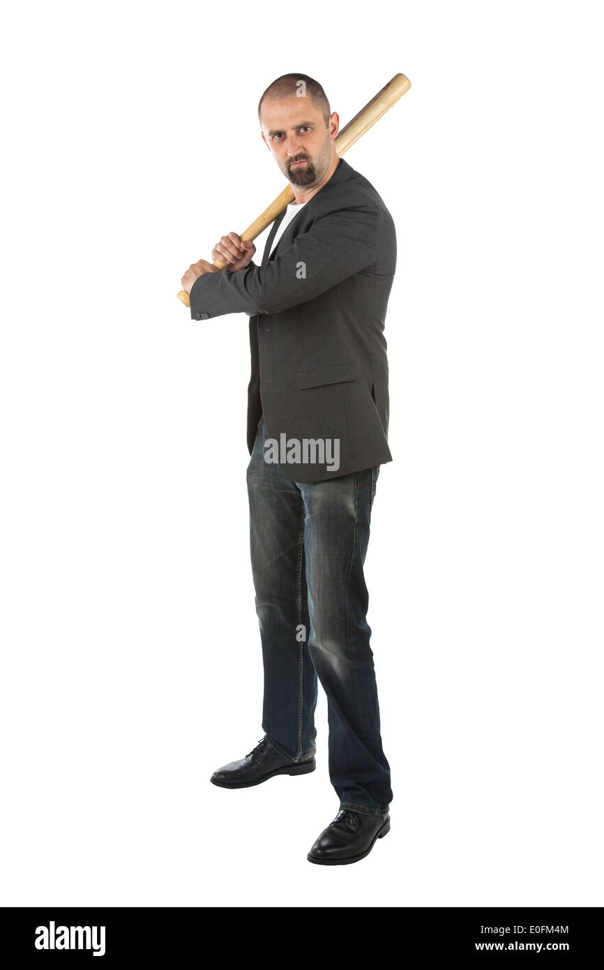 Angry looking man with bat, isolated on a white background Stock Photo ...