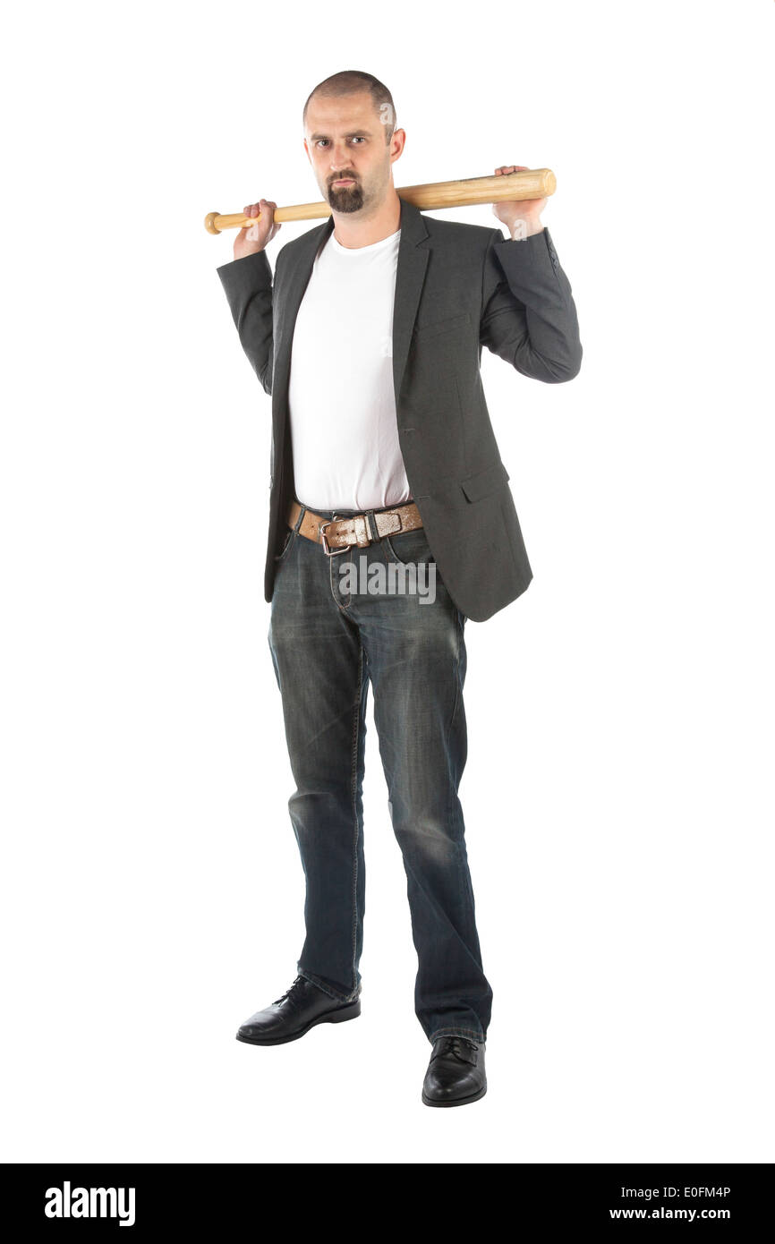Angry looking man with bat, isolated on a white background Stock Photo ...